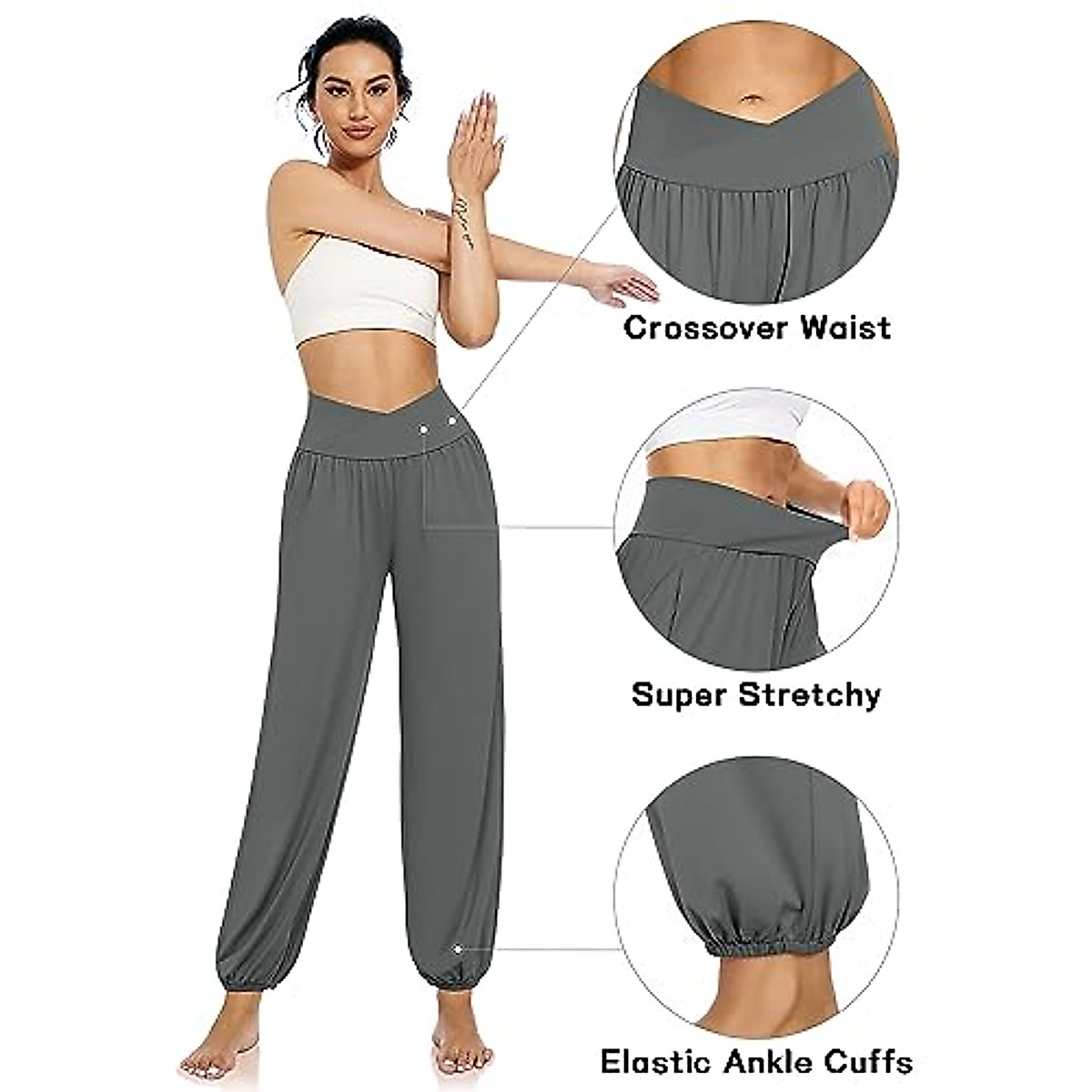 UEU Women's Harem Crossover High Waisted Flowy Pants Yoga Joggers with Pockets Lounge Pajamas Casual Loose Sweatpants MidGray XL