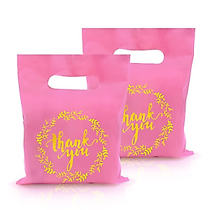 KDPATFAV 70 PCS 9" x 12" Plastic Merchandise Bags Shopping Bags with Thank You Logo Boutique Bags with Handles for Birthday Party Baby Shower Wedding Trade Shows and More (Pink)