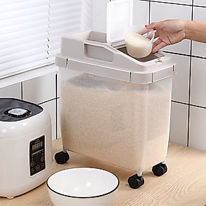 Large Capacity Food Storage Containers with 1 Measuring Cup and 4 Wheels, 20Lb Rice Container, Airtight Dry Storage Bins With Lids for Rice, Cereal, Flour, BPA Free Plastic Sealed Holder Bin Dispenser