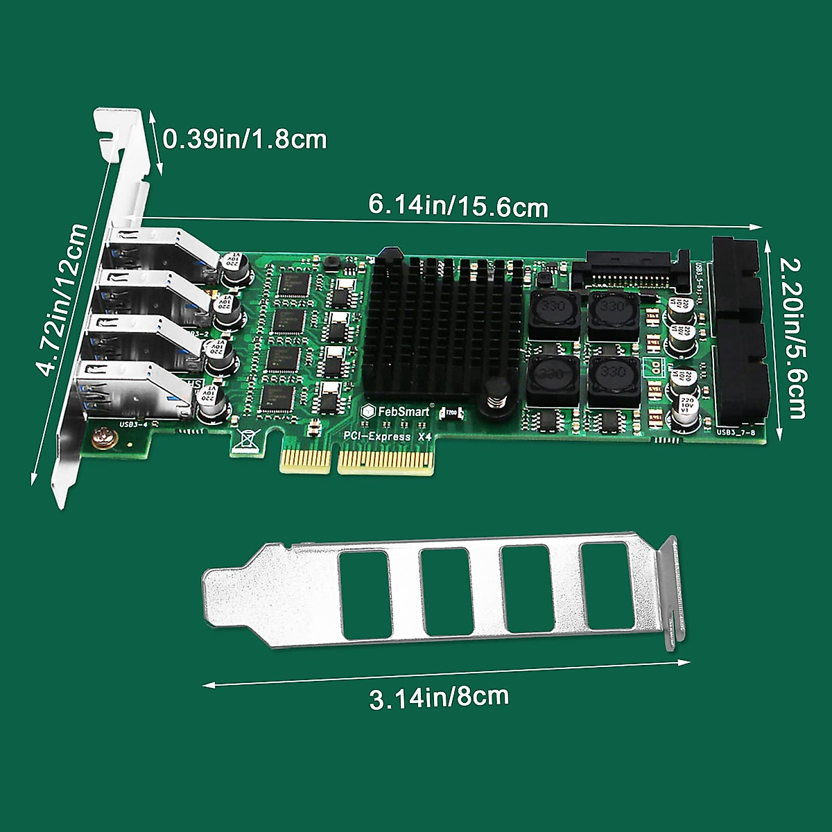 FebSmart 8-Ports PCIE Superspeed 5Gbps USB 3.0 Card for Windows and Linux Desktop PCs, 4X Dedicated 5Gbps USB 3.0 Channel 20Gbps Bandwidth, Built in FebSmart Self-Powered Technology (FS-4C-U8S-Pro)