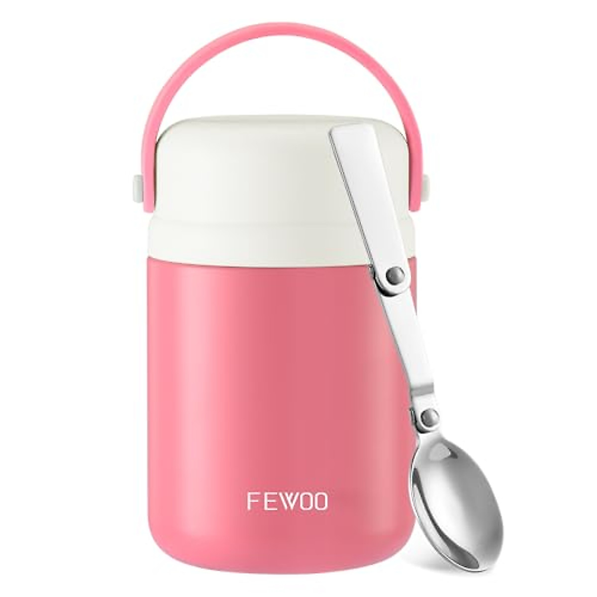 FEWOO Food Jar, 20oz Insulated Lunch Soup Container for Hot Cold Food for Kids Adults, Leak Proof Vacuum Stainless Steel Lunch Box with Folding Spoon for School Travel Outdoors (Pink)