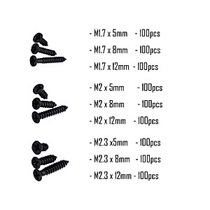 LBY 900pcs M1.7 M2 M2.3 x 5mm / 8mm/ 12mm Flat Head Self-Tapping Sheetmetal Screw Assortment Kit Mini Wood Screws 9 Sizes Combination Carbon Steel Black