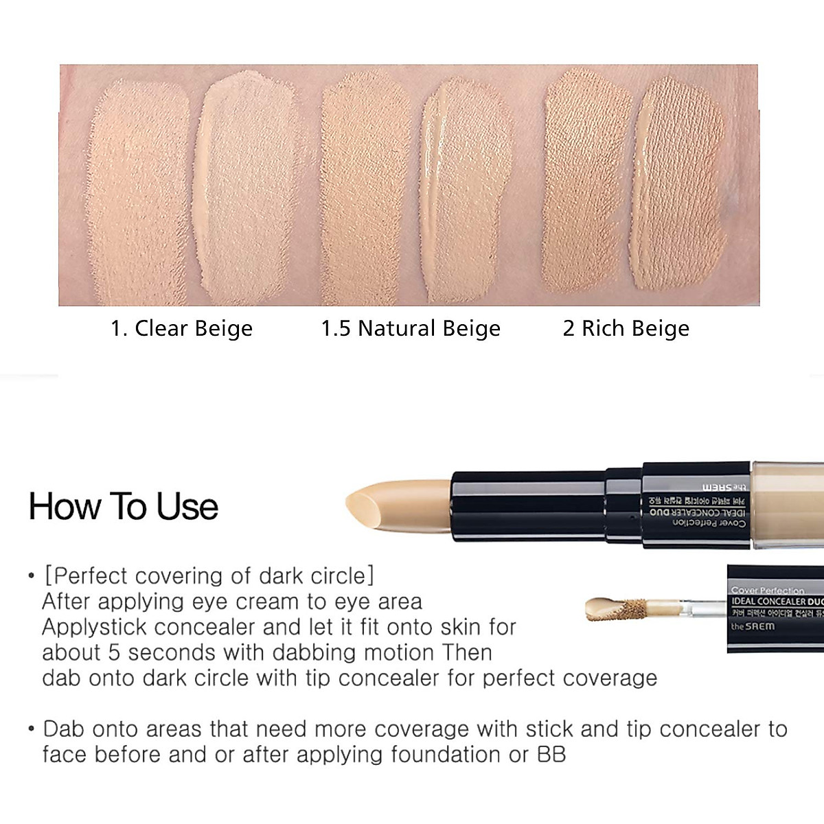 THESAEM Cover Perfection Ideal Concealer Duo (#1.5Natural Beige) | Dual Type Full Coverage Concealer, High Adherence High Pigmented, No Clumping in Wrinkles, Crease-Proof Concealer