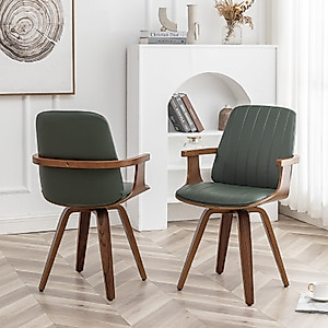 MCM Dining Chairs, Set of 2 Faux Leather Dining Chairs with Walnut Craftsmanship, Upholstered Faux Leather, Wooden Arms and Legs, Green Leather Dining Chair for Kitchen/Living Room (Green, Swivel)