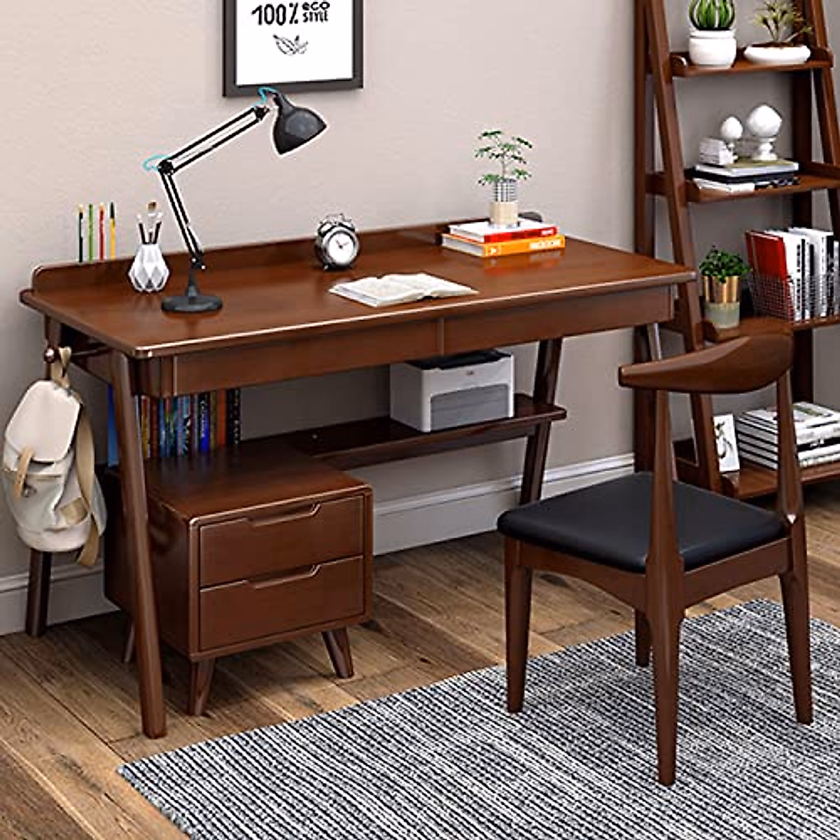 Solid Wood Writing Desk, 47" Mid-Century Modern Walnut Desk, Home Office Computer Desk with 2 Drawers and Storage Shelf, Laptop Desk, Study Table, Work Desk Station