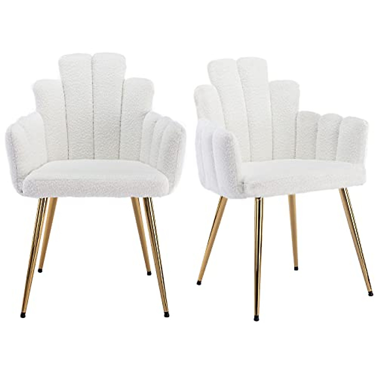 VESCASA Sherpa Accent Chairs with Petal Back, Mid-Century Modern Upholstered Dining Chairs with Arms, Makeup Vanity Chairs with Gold Metal Legs for Living Room/Bedroom, Set of 2, White