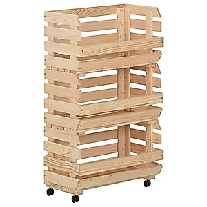 loibinfen Wooden Vegetable Trolley, 3-Tier Wood Kitchen Rolling Cart, Wood Trolley Island Cart, Utility Cart Multi-Layer Storage Shelf Rack on Wheels, 14.6"x11.8"x31.5" Solid Wood Pine -295