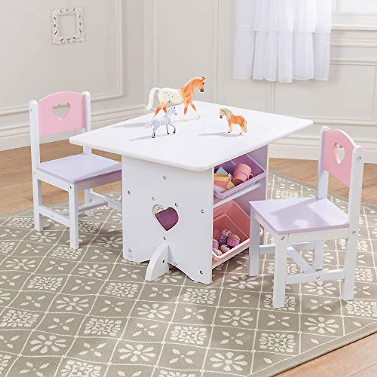KidKraft Wooden Heart Table & Chair Set with 4 Storage Bins, Children's Furniture – Pink, Purple, White, Gift for Ages 3-8, 30.4 x 22.4 x 19.5