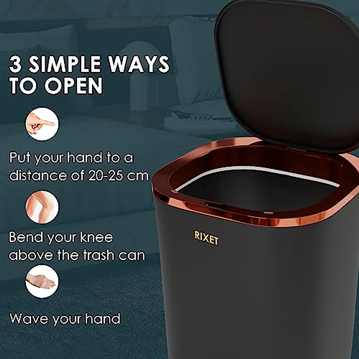 RIXET Automatic Trash can - Touch-Free use 12l/3.2 ga Motion Sensor touchless Trash can with lid, Black Color