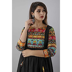 Women's Rayon Floral Printed Anarkali Kurti With Tassels (Black-Medium/38)