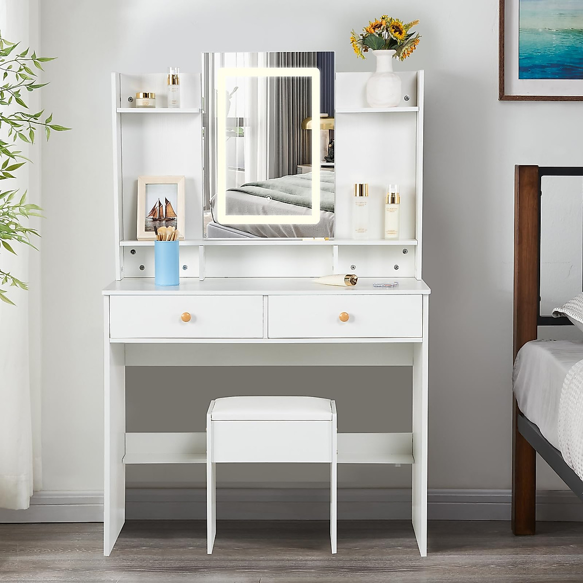 Jarbalai White Makeup Vanity with Mirror and Lights, Large Vanity Set with Cushioned Stool and Drawers, Modern Dressing Table Vanity Desk for Bedroom
