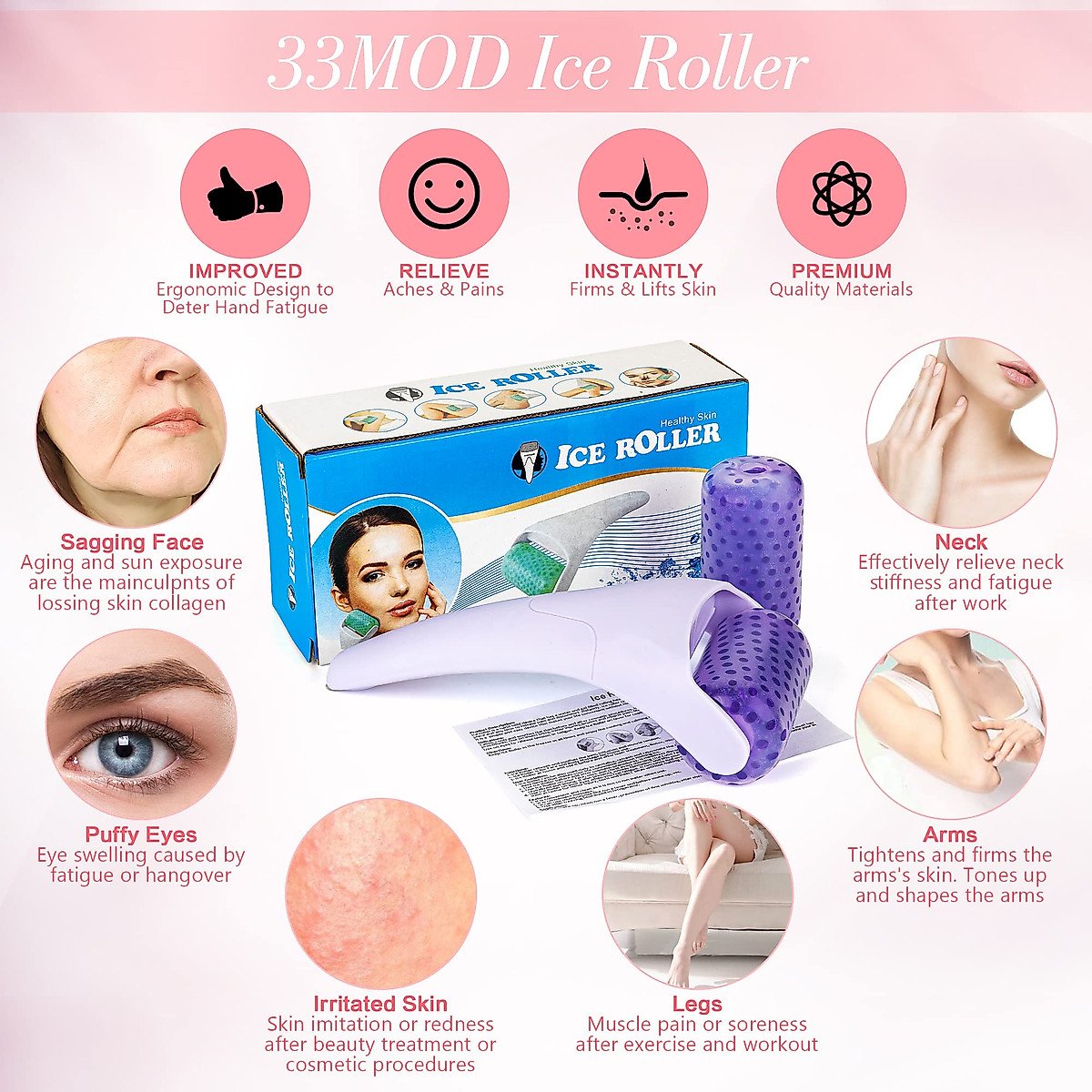 Ice Roller for Face and Eyes (2 premium roller heads included)- Face Ice Roller Massager to Reduce Puffiness around eyes and face, Migraine Pain, Wrinkles. Women's Gift idea. (Purple)