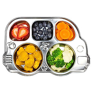 Innobaby Stainless Bus Plate, The Original, Rust Free, Safe Divided Platter, Mom Invented Fun Shape Plate Din Din SMART for Babies, Toddlers and Kids, BPA Free Plate