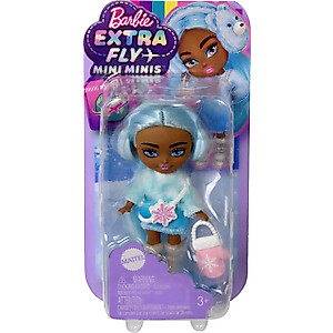Barbie Extra Mini Minis Travel Doll with Blue Hair, Ombre Sweater Dress, Pastel Earmuffs, Snow Boots & Snow Accessories, 3.25-inch