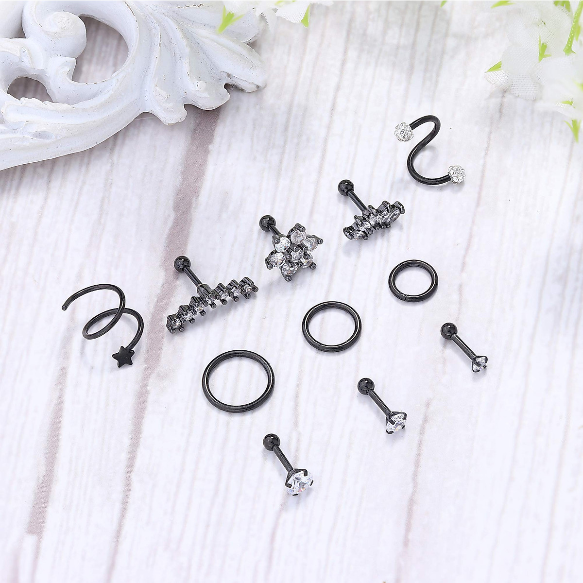 MILACOLATO Cartilage Earring 11Pcs 16G 18G Stainless Steel Cartilage Earrings Stud Hoops Conch Forward Helix Earrings Tragus Daith Piercing CZ Barbell Stud Cartilage Piercing Jewelry for Women of All Ages-black