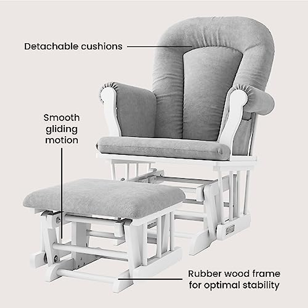 Child Craft Cozy Glider Rocker and Ottoman Set, Padded Cushion with Storage Pockets, Solid Wood Base, Matte White with Light Gray Cushion