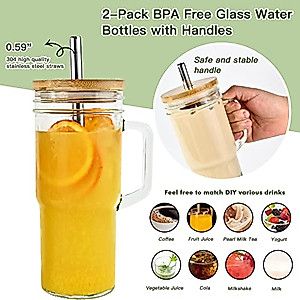Glass Cups with Bamboo Lids and Straws,24oz Tumbler With Handle,2 Pack Mason Jar with Lid and Straw-Wide Mouth Reusable Drinking Glasses,Boba Cup Smoothie Tumbler Iced Coffee Cup Travel Mug