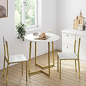Masupu Small Round Dining Table Set for 2, Wood Marbled Tabletop with Steel Frame, Modern Dinette with Chairs for Kitchen Breakfast Nook Living Room, White and Gold