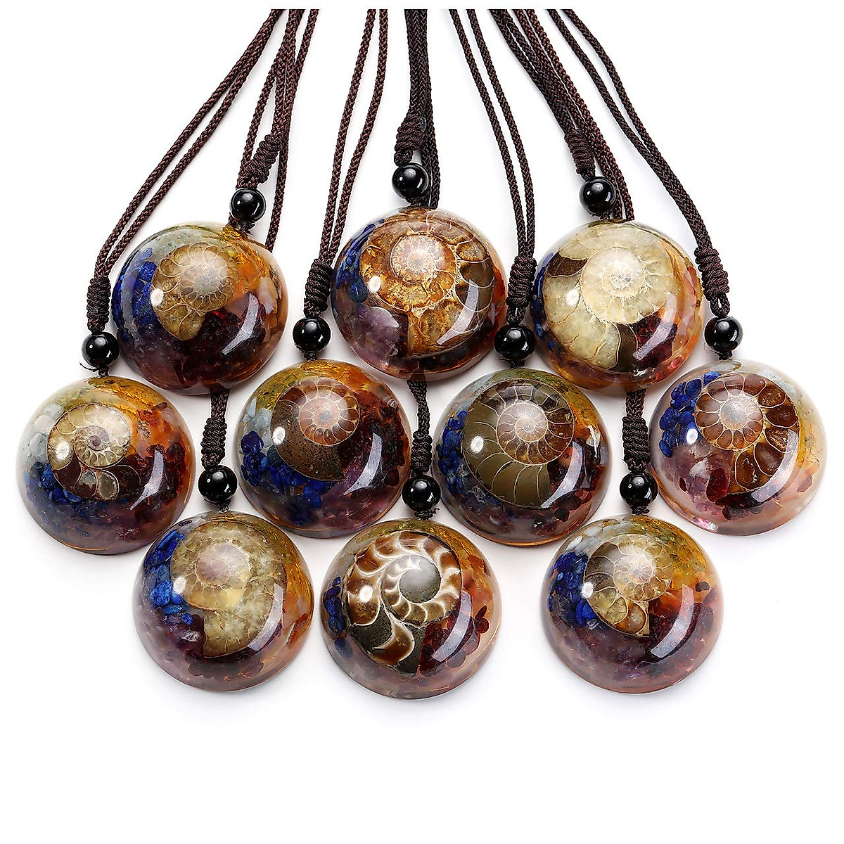 Top Plaza 7 Chakra Natural Healing Crystal Stone Pendant Necklace Adjustable Resin Ammonite Fossil Spiritual Necklace Jewelry for Women Men