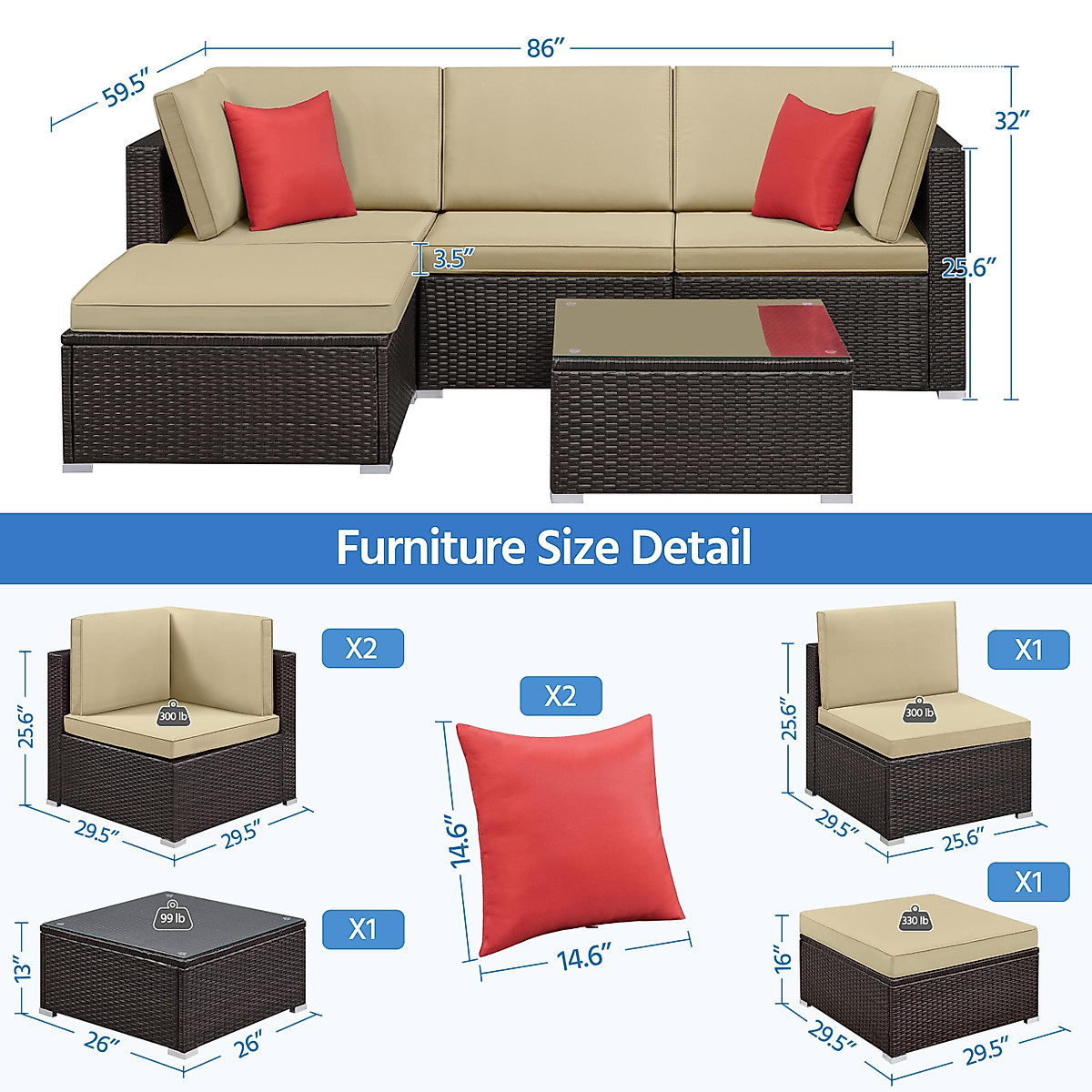 Yaheetech Patio Furniture Set, 5-Piece Outdoor/Indoor Rattan Wicker Sofa Set w/Glass-top Table & Cushions, All-Weather Conversation Lounge Set for Porch/Yard/Poolside/Balcony - Brown/Khaki