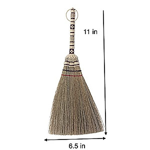 SN SKENNOVA - (Tiny Size) 11 inch Short of Asian Whisk Broom Thai Natural Straw Broom with Embroidery Nylon Thread Handle with Nylon Hanger
