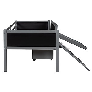 Harper & Bright Designs Kids Loft Bed with Slide, Twin Size Wooden Low Loft Bed Frame with Two Storage Boxes for Boys & Girls, Gray