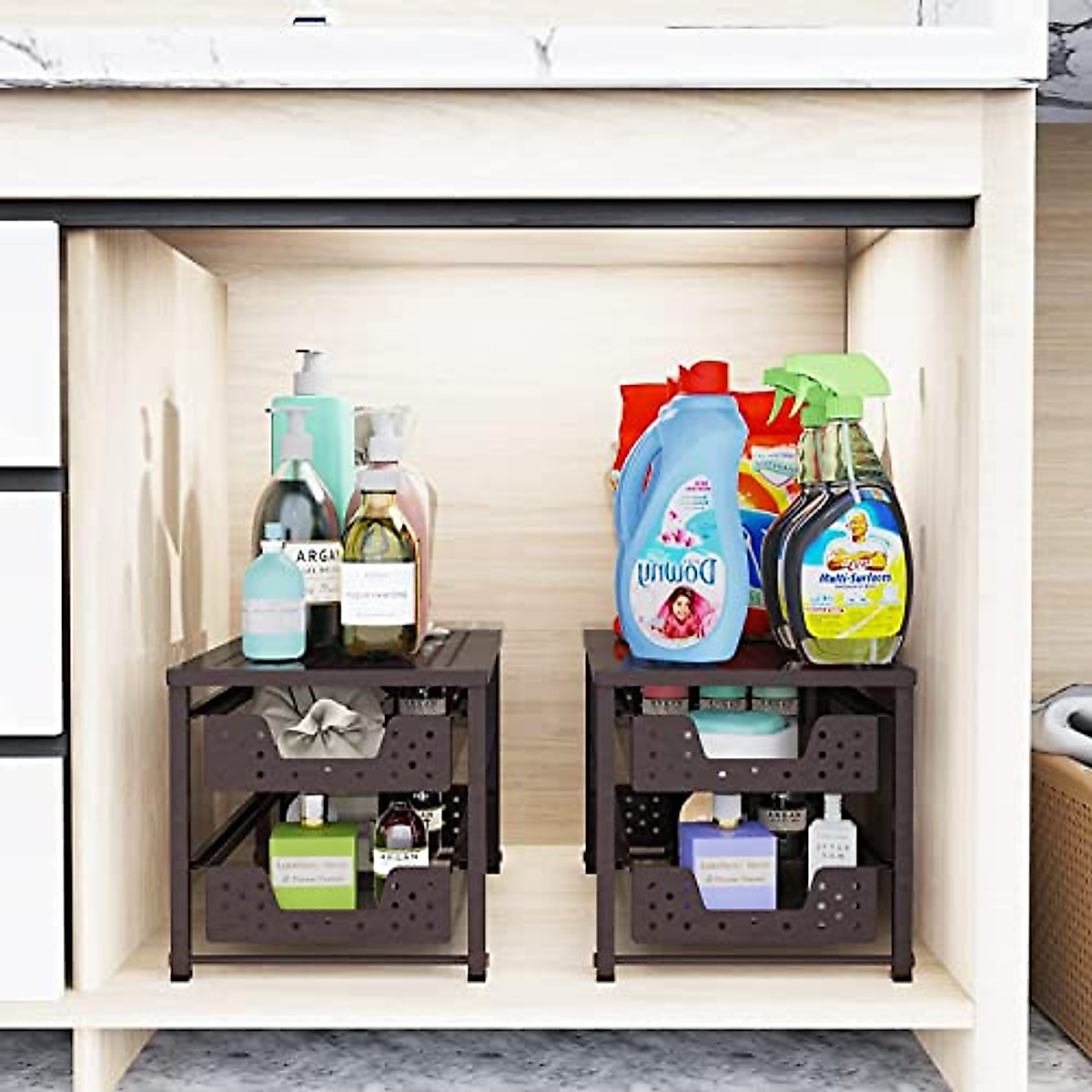 Simple Trending 2-Tier Under Sink Cabinet Organizer with Sliding Storage Drawer, Desktop Organizer for Kitchen Bathroom Office, Stackbale, Bronze