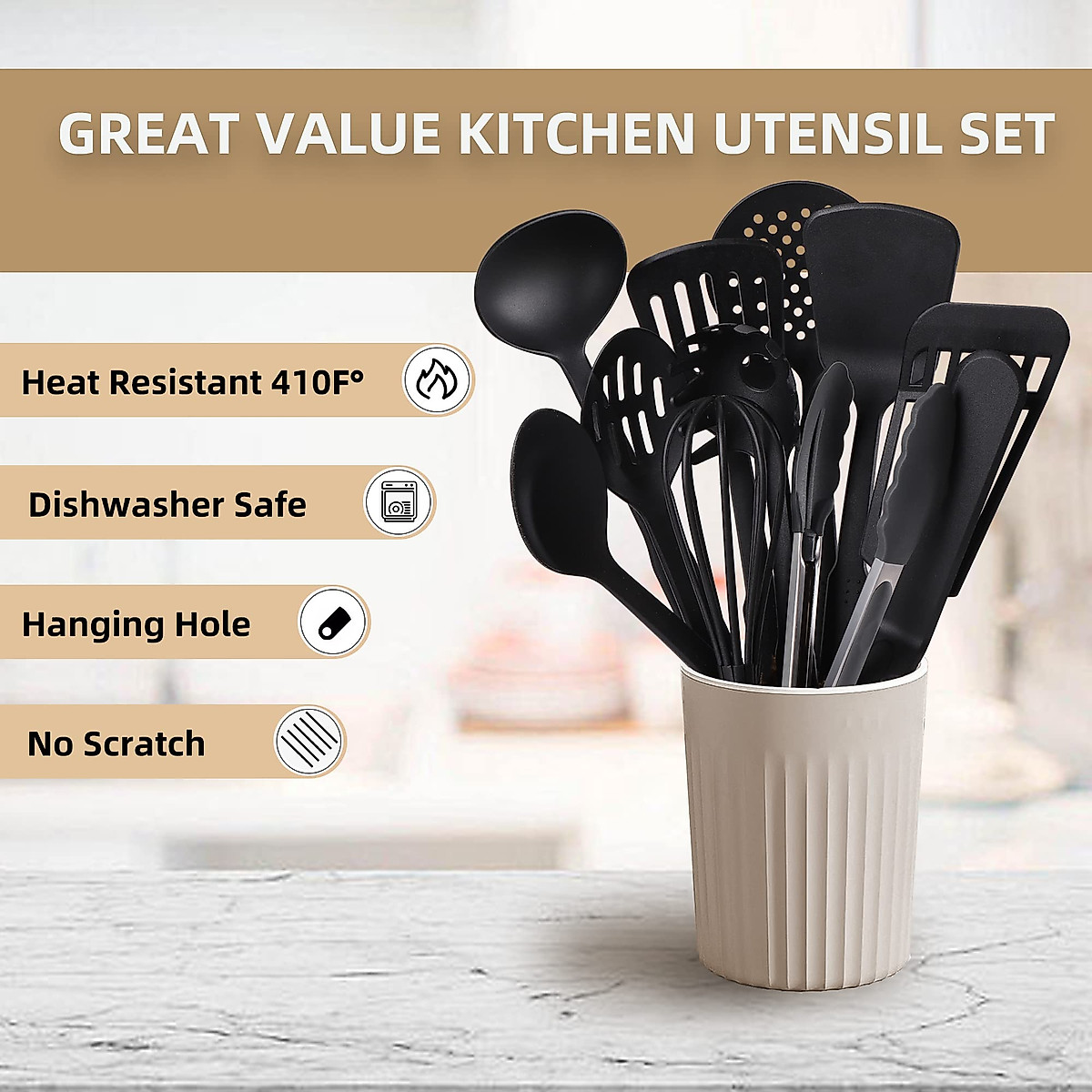 Kitchen Utensils Set of 11 Pcs, Nylon Utensils Set, Non-Stick Cooking Utensils Set 410°F Heat Resistant, Kitchen Gadgets Accessories Tools for Cookware (BPA Free)