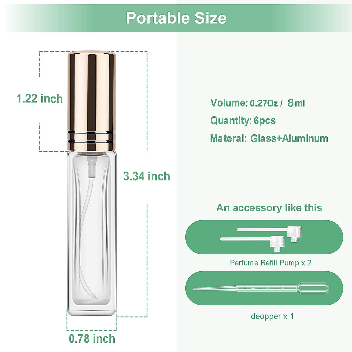 6pcs Refillable Perfume Bottle, 8 ML BPA Free Spray Atomizer Perfume Bottle, Leak Proof Glass Perfume Atomizer with Metallic Aluminum caps