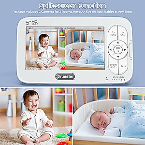 Dr.meter 5'' Split Screen Baby Monitor with 2 Cameras, 720p HD Video Baby Monitor with Camera and Audio, Baby Camera Monitor with Remote PTZ, 2-Way Talk, 4X Zoom, 5000mAh Battery, No WiFi