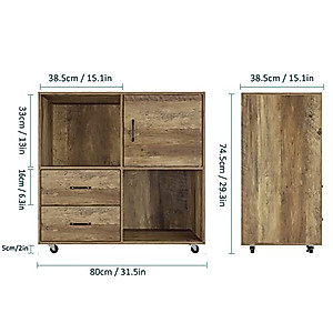 Graciia Wood Mobile File Cabinet, Lateral File Cabinet with 2 Drawers, Printer Stand with Storage Door and Shelves, Large Mobile Filing Cabinet for Home Office, Rustic Brown