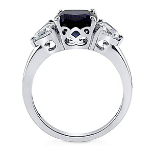 BERRICLE Sterling Silver 3-Stone Wedding Engagement Rings Simulated Blue Sapphire Cushion Cut Cubic Zirconia CZ Anniversary Ring for Women, Rhodium Plated Size 9