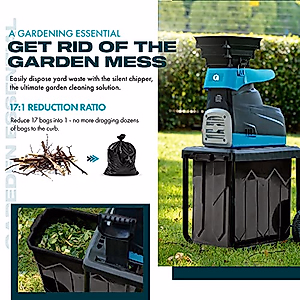 G Garden Wood Chipper Electric Quiet Silent 1.5-1.7 Inch Max Branch Capacity 14.5-Amp 1800Watt 120VAC 17:1 Reduction Ratio with 40L Collection Bin use for Fire Prevention Building and Firebreaks