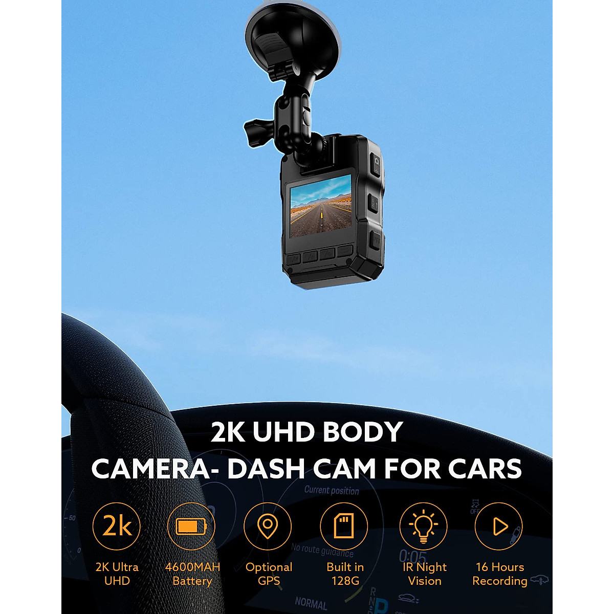 Losfom WD7 2K Body Camera, GPS 128G Body Worn Camera, Built-in 4600MAH Battery for 16H Recording, 1440P Body Mounted Camera，IP67 Waterproof Cam, Wearable Camera for Outdoor,Sport, Home