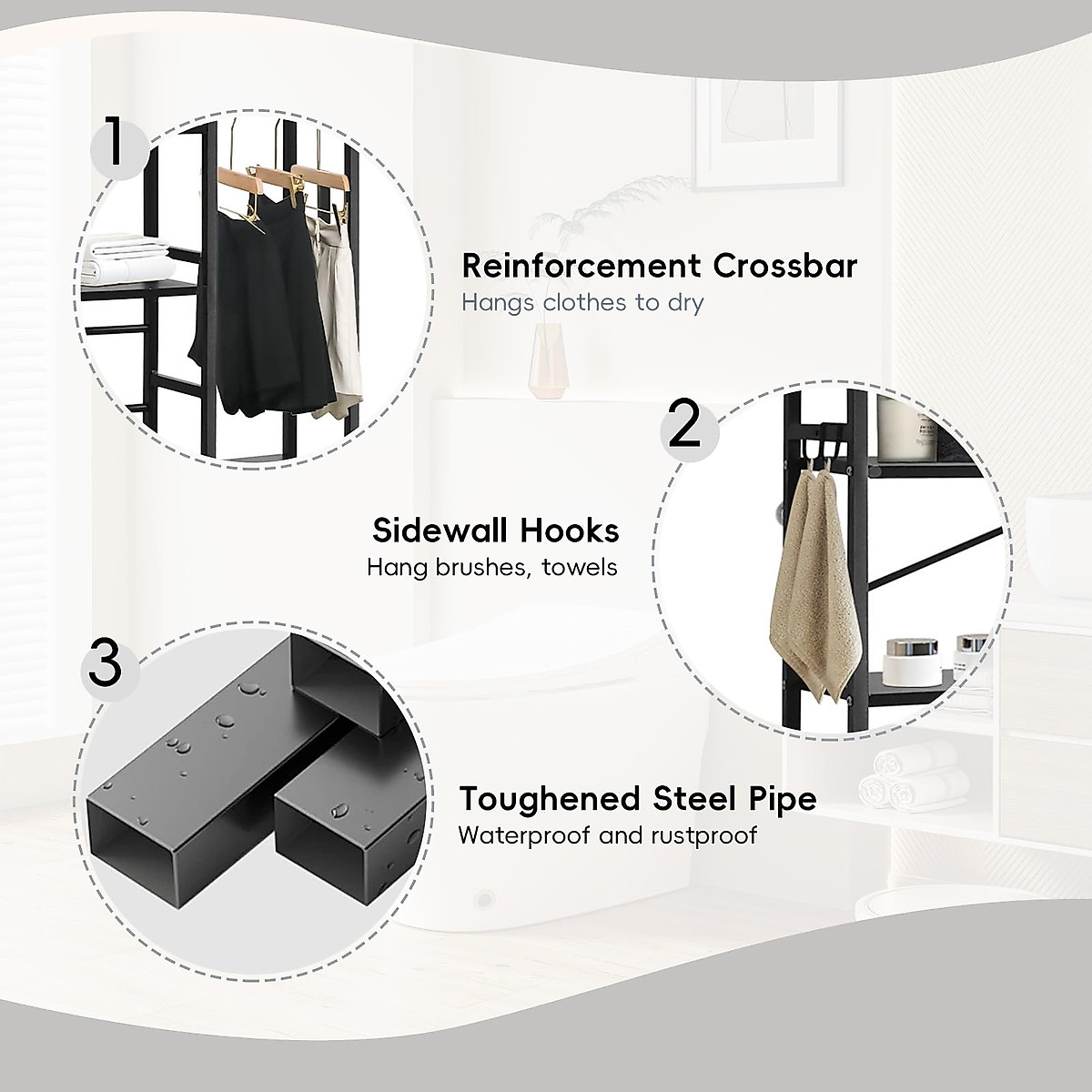 Over The Toilet Storage, 7 Tier Over Toilet Bathroom Organizer with Adjustable Shelf, Stable Toilet Shelf with 4 Hooks, 2 Suction Cups, Freestanding Toilet Storage Rack for Bathroom Laundry Restroom