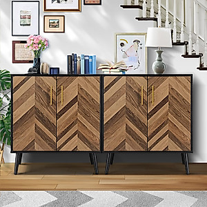 AMZOOM Accent Cabinet, Black Storage Cabinet with Doors Mid Century Modern Sideboard Buffet Cabinet with Storage Shelves Small Wood Accent Cabinets for Living Room Entryway Office, Brown Herringbone