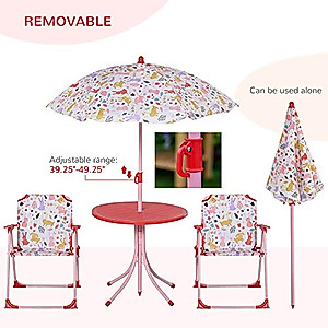 Outsunny Kids Folding Picnic Table and Chairs Set Rabbit Pattern for Outdoor Garden Patio Backyard with Removable & Height Adjustable Sun Umbrella, Red