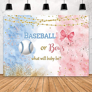 MEHOFOND 7x5ft Baseball or Bows Gender Reveal Backdrop Baseball or Bows Party Decoration Baby Shower Photography Background Watercolor Blue or Pink He or She Pregnancy Reveal Surprise Party Banner