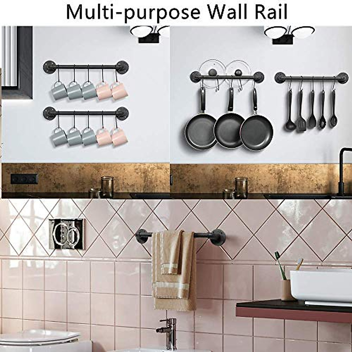 OROPY Wall Mounted Pot Pan Rack 21'' Set of 2, Industrial Utensils Wall Hanger Iron Pipe Kitchen Hanging Rail with 10 S Hooks