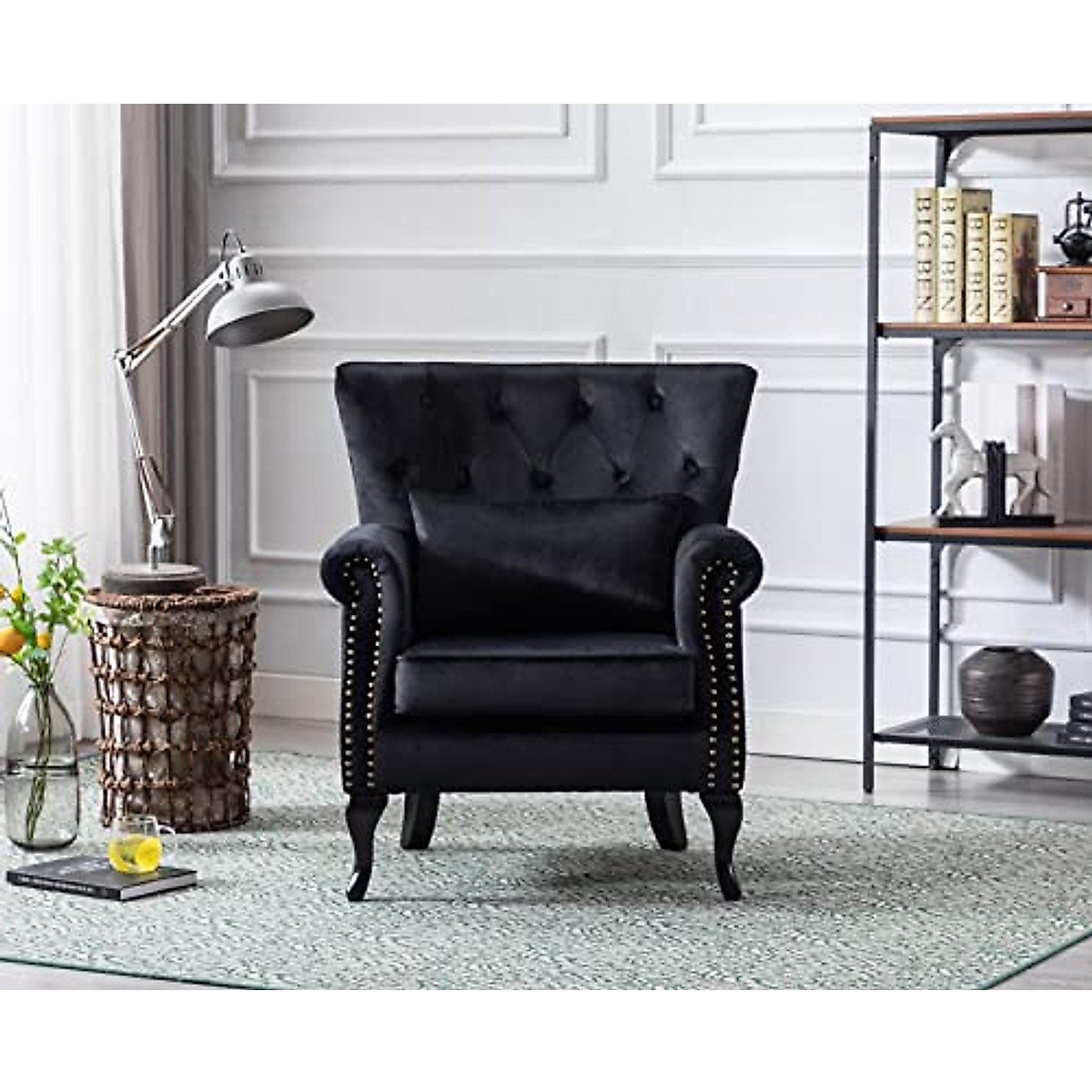 Kmax Velvet Club Chair Tufted Throne Chair Mid Century Accent Wingback Chair Padded Seating Wood Legs Home Club Bedroom Living Room, Black