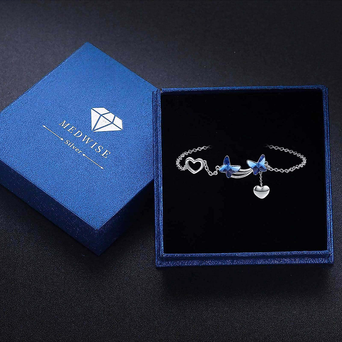 MEDWISE Butterfly Bracelets for Women Sterling Silver Butterfly Bracelets with Blue Crystal Animal Adjustable Bracelets Butterfly Wrist Bracelets Jewelry Christmas Gifts for Women