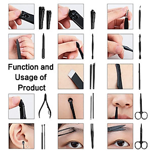 Manicure Set, ESARORA 18 In 1 Stainless Steel Professional Pedicure Kit Nail Scissors Grooming Kit with Black Leather Travel Case