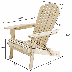 LuxenHome Folding Adirondack Chair, Lounge Chairs for Outside, Adirondack Chairs, Oversized Fire Pit Chair, Outdoor Lounge Chairs, Natural Fir Wood Lawn Chairs for Patio, Poolside, Garden, Backyard