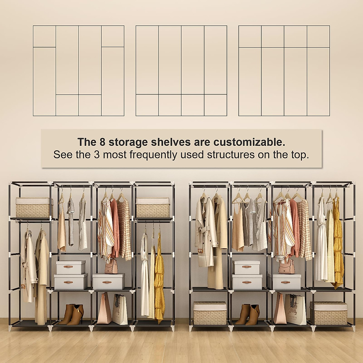 MOGELAFOO Portable Closet Wardrobe, 67-Inch Clothes Organizer with 4 Hanging Rods and 8 Shelves, Non-Woven Fabric Cover, Large Capacity Storage for Bedroom and Living Room, Black