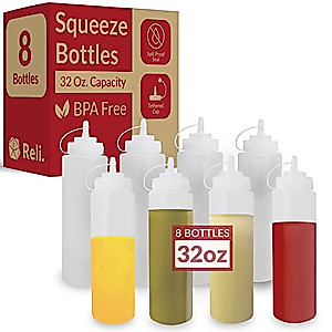 Reli. Plastic Squeeze Bottles, 32 oz. | 8 Pack | Condiment Squeeze Bottles for Sauces | Clear w/Tethered Caps | 32 Ounce Hot Sauce, Ketchup Bottles | Squirt Bottles for Condiments, Olive Oil, Liquids