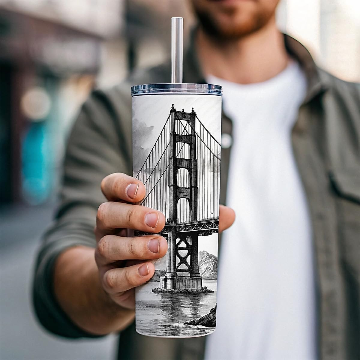 Sketch Of Golden Gate Bridge San Francisco California Skinny Tumbler 20oz with Straw Insulated Water Bottle Gift