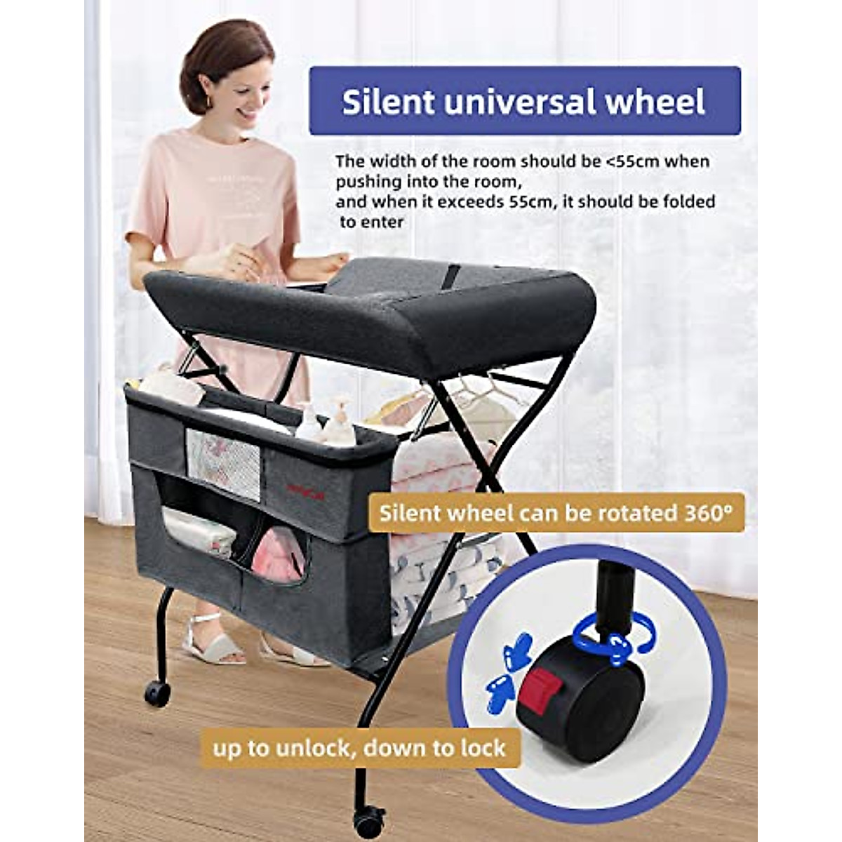 Kiss My Heart Portable Baby Changing Table, Diaper Changing Table Dresser Changing Station for Infant, Diaper Changing Table Pad, Mobile Nursery Organizer for Newborn -Grey…