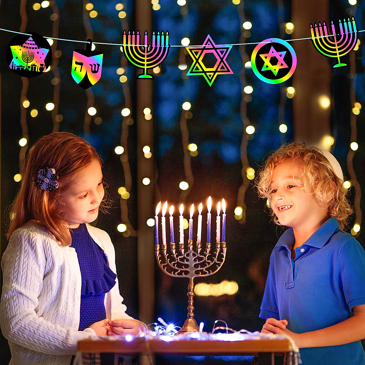 WATINC 60pcs Hanukkah Scratch Paper Art Craft Set DIY Chanukah Party Themed Magic Scratch Off Cards for Kids, Star of David Menorah Dreidel Gold Coin Color Drawing Christmas School Supplies