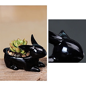 YONGYAN Rabbit Flower Pot Statue Decoration Ceramics Garden Planters Containers Pot Bookshelf Office Animal Desktop Decor (Black)