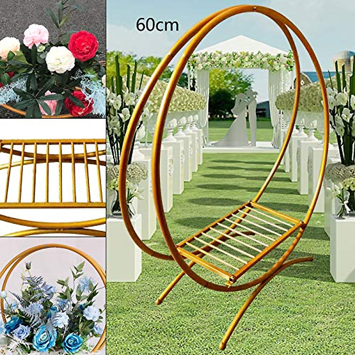 Fichiouy Gold 23.6in Wedding Hoop Cake Stand for Ceremony, Metal Circle Flower Hoop Arch Dessert Cupcake Display Stand Decoration for Wedding/Birthday/Anniversary Party (Gold 60cm(23.6in))